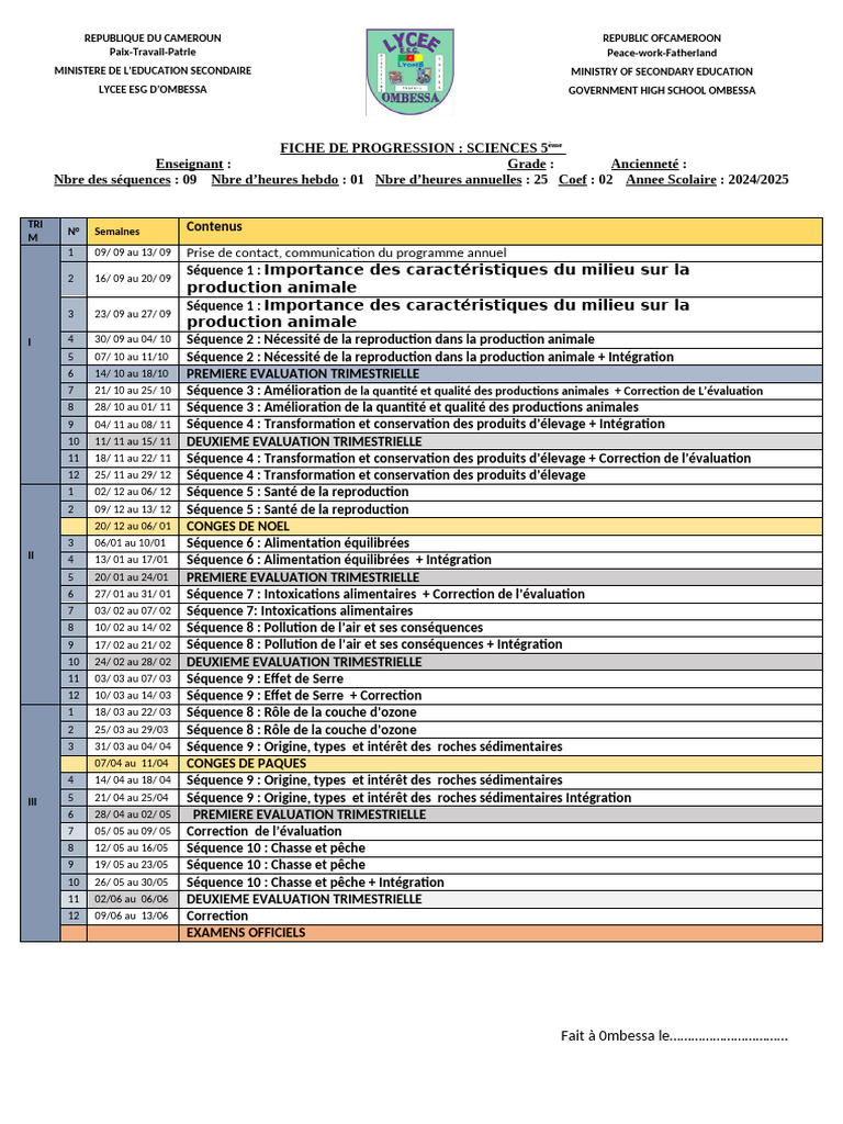 Fiche de Progression 5eme 2025 - 013402 | PDF