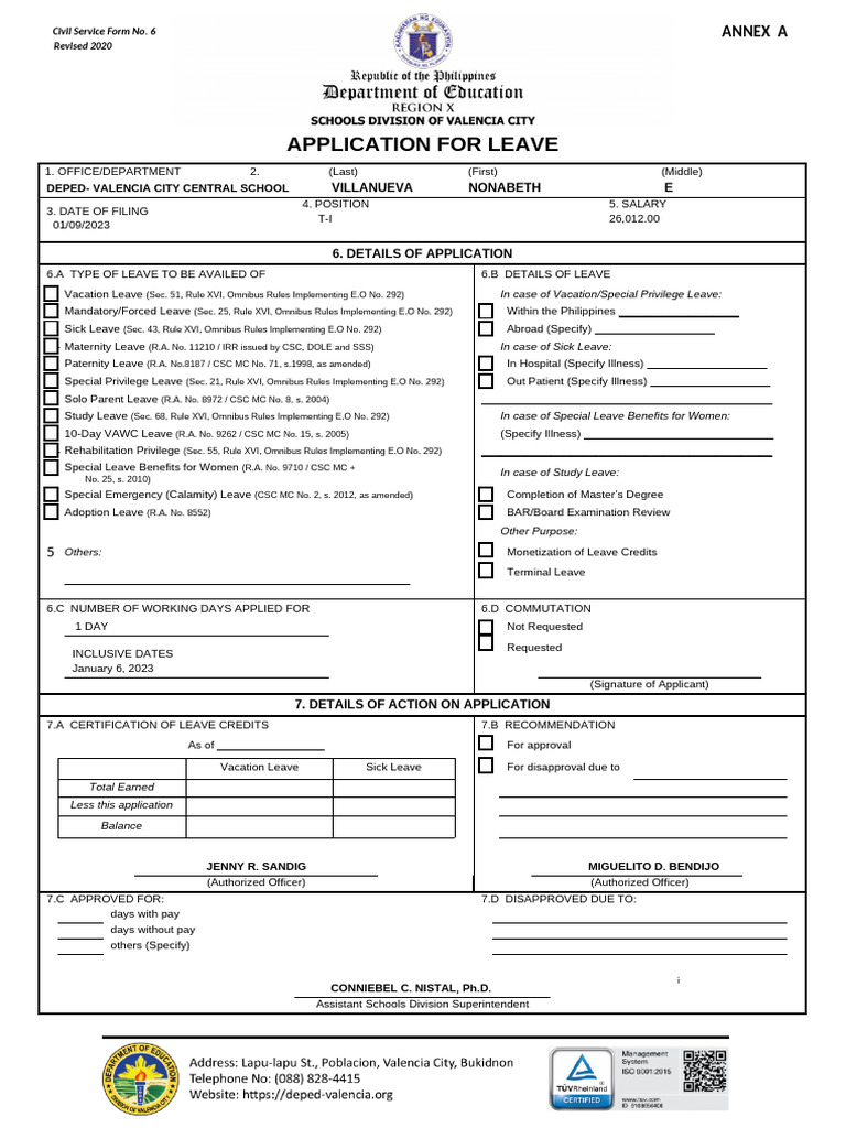 CS Form 6 Revised 2020 Leave Form 1 | PDF