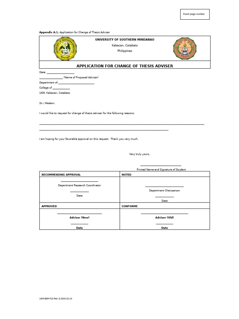 Edr f12 Application For Change of Thesis Adviser 1 | PDF