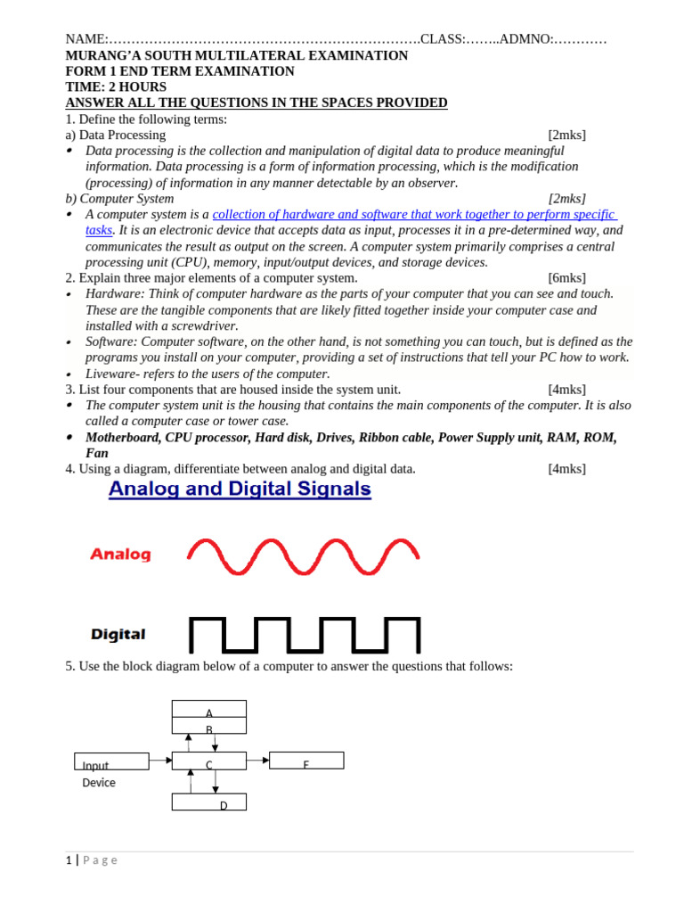 Computer Studies Form 1 Opener Term 3 2024 MS | PDF