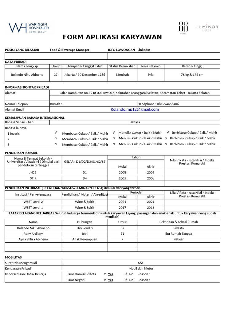 Form Employee Application WH - Rolando Abineno | PDF