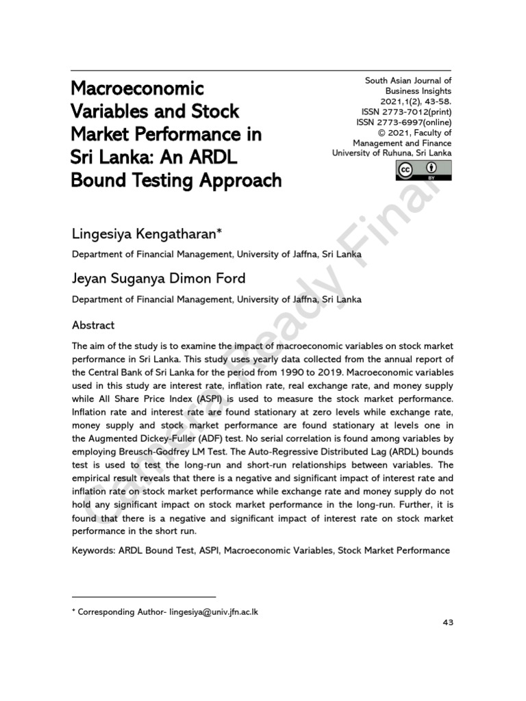 Macroeconomic Variables And Stock Market Performance In Sri Lanka An Ardl Bound Testing Approach