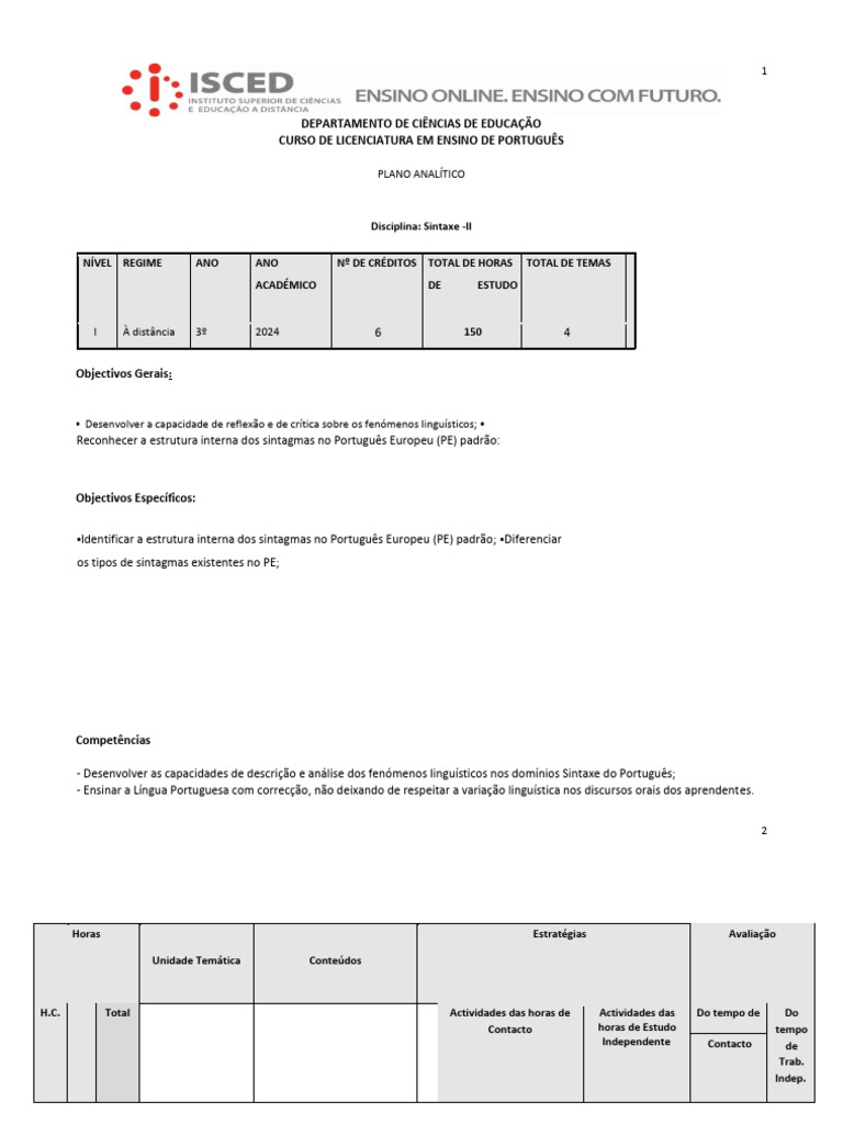 Plano Analitico de Sintaxe-II | PDF