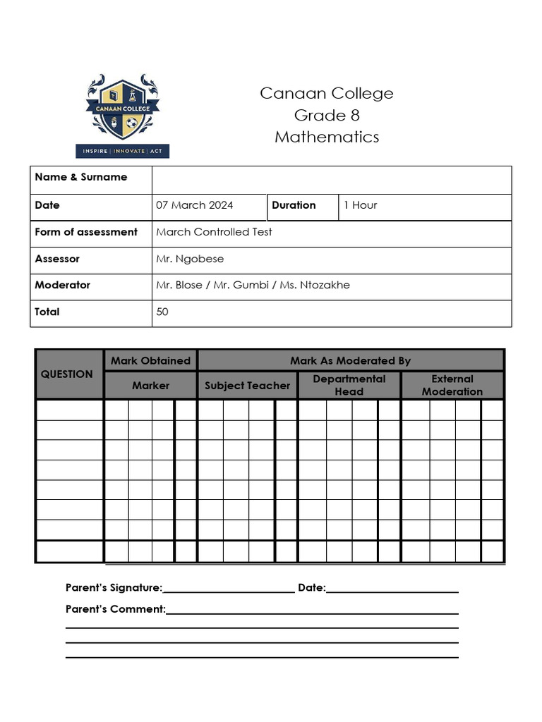 Grade 8 March Mathematics Test 2024 | PDF | Mathematics