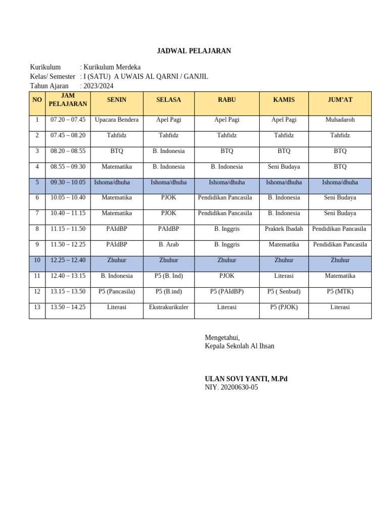 JADWAL PELAJARAN SEM. 1 TP. 2023-2024 Utk Dinas | PDF