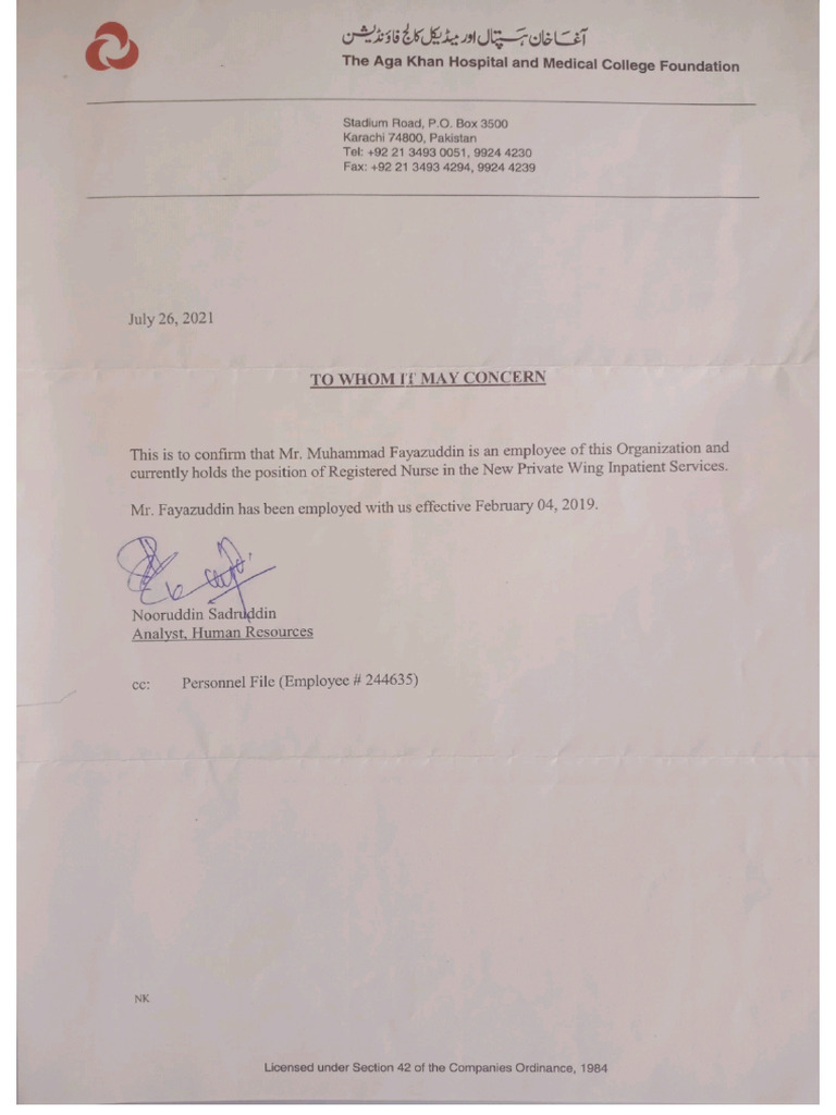 The aga khan university hospital experience letter | PDF