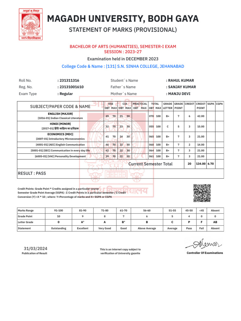 Magadh University, Bodh Gaya: Statement of Marks (Provisional) | PDF