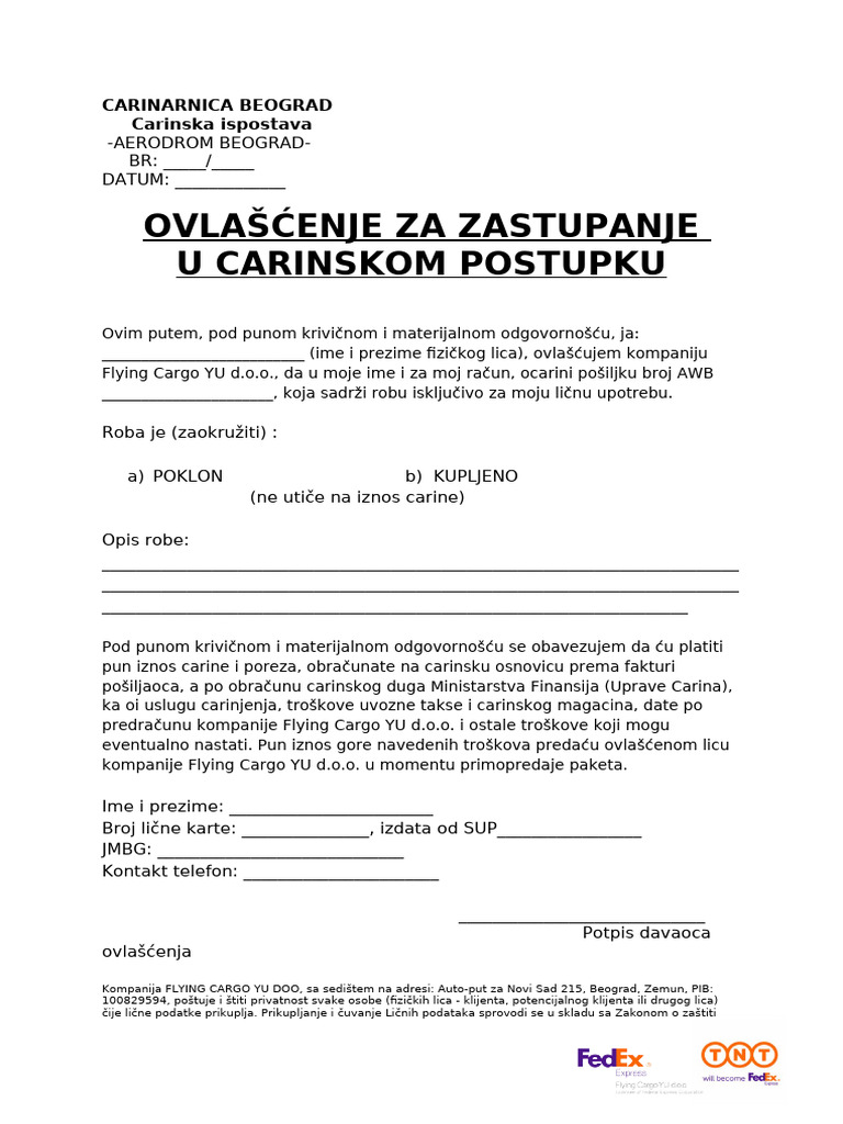 Ovlašćenje Za Zastupanje U Carinskom Postupku Sa Uputstvom | PDF