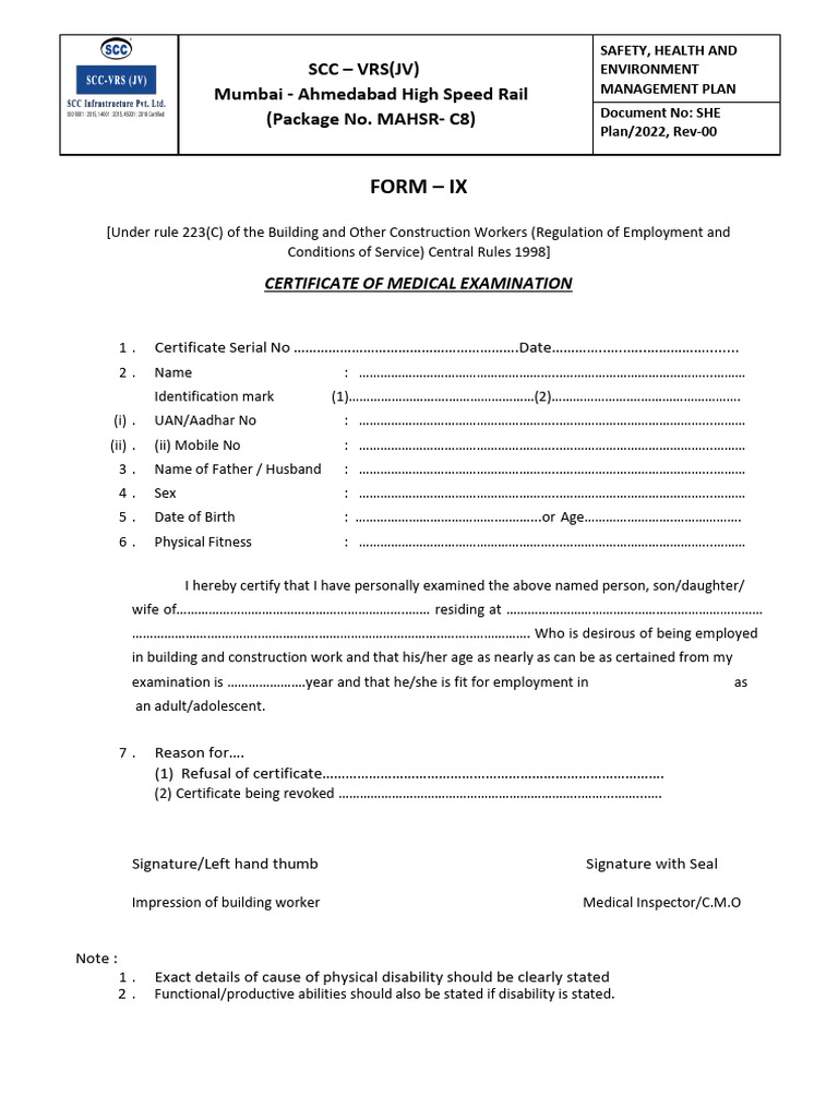 Medical Examination Certificate FORM - IX | PDF