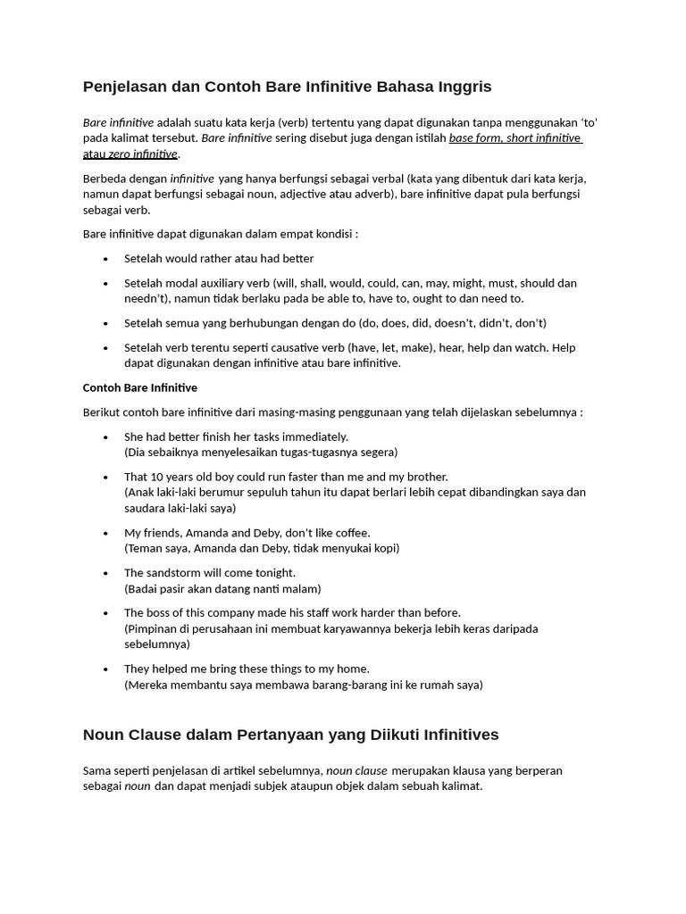 Penjelasan Dan Contoh Bare Infinitive Bahasa Inggris | PDF