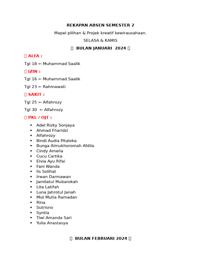 Rekapan Absen 1 Semester PKK Dan Mapel Pilihan | PDF