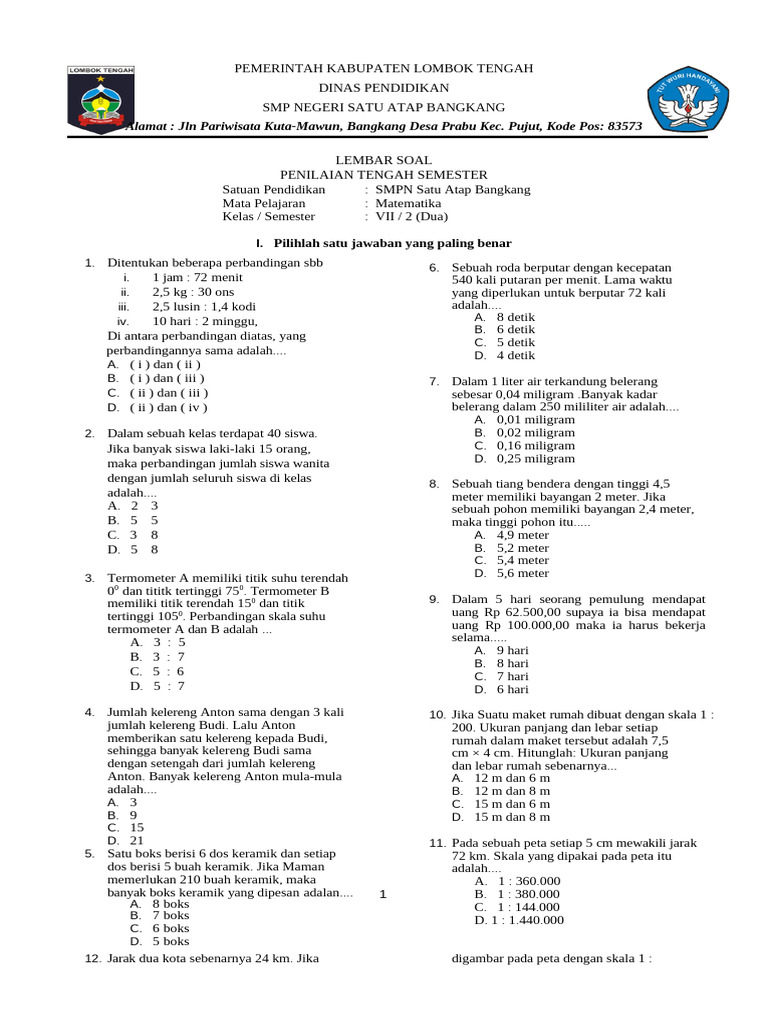 Soal PTS Matematika Kelas 7 Semester 2 Tahun 2020-2021 | PDF