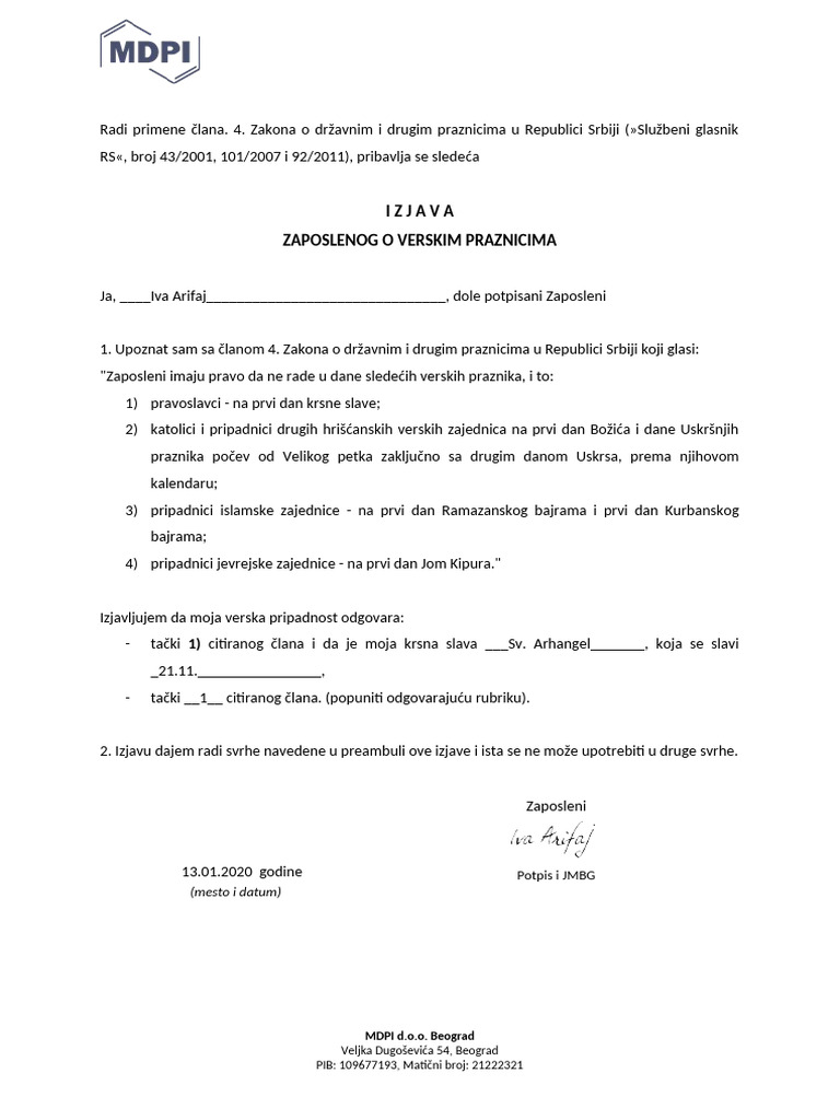 Izjava o Verskim Praznicima MDPI Template | PDF