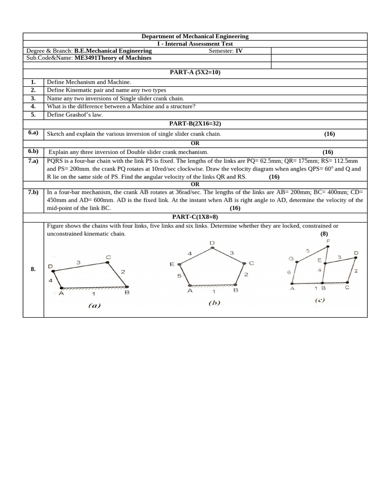 ME3491Theory of Machines I IAT | PDF