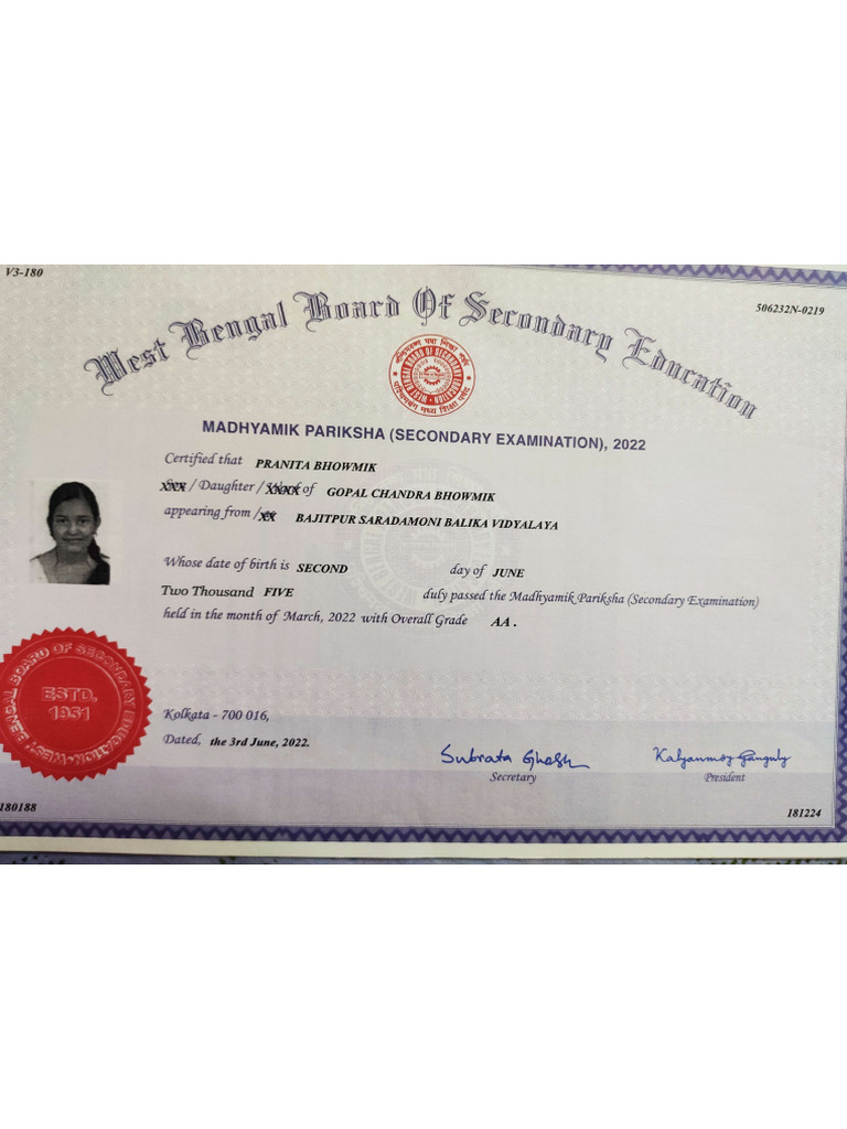Madhyamik Certificate | PDF