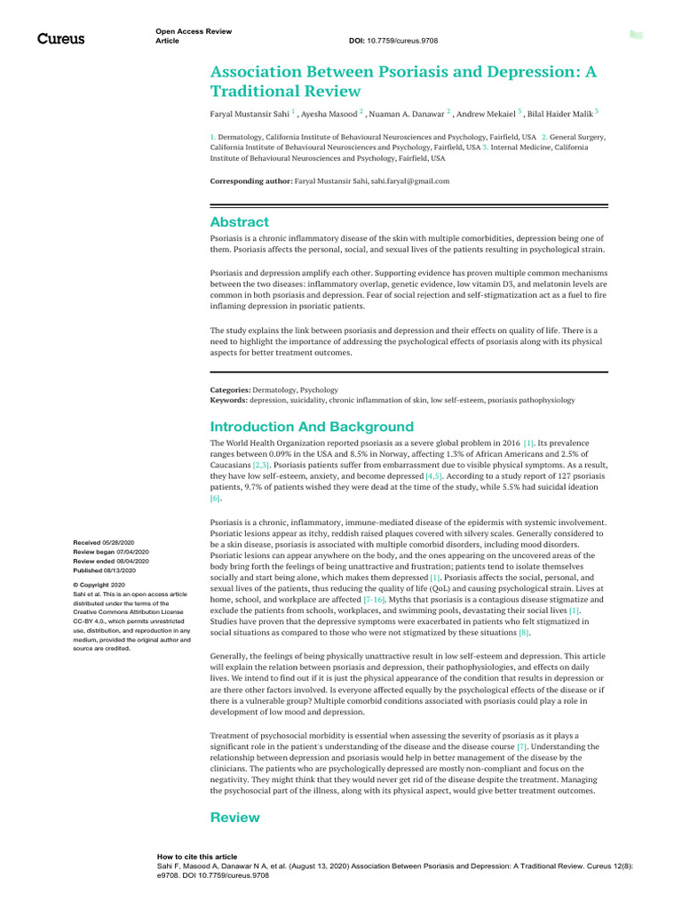 Association Between Psoriasis and Depression: A Traditional Review ...