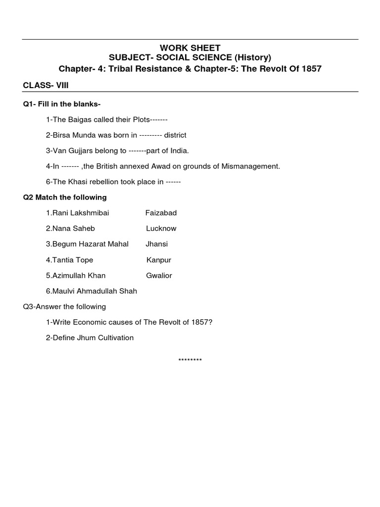 CBSE Class 8 Social Science Worksheet - Tribal Resistance | PDF