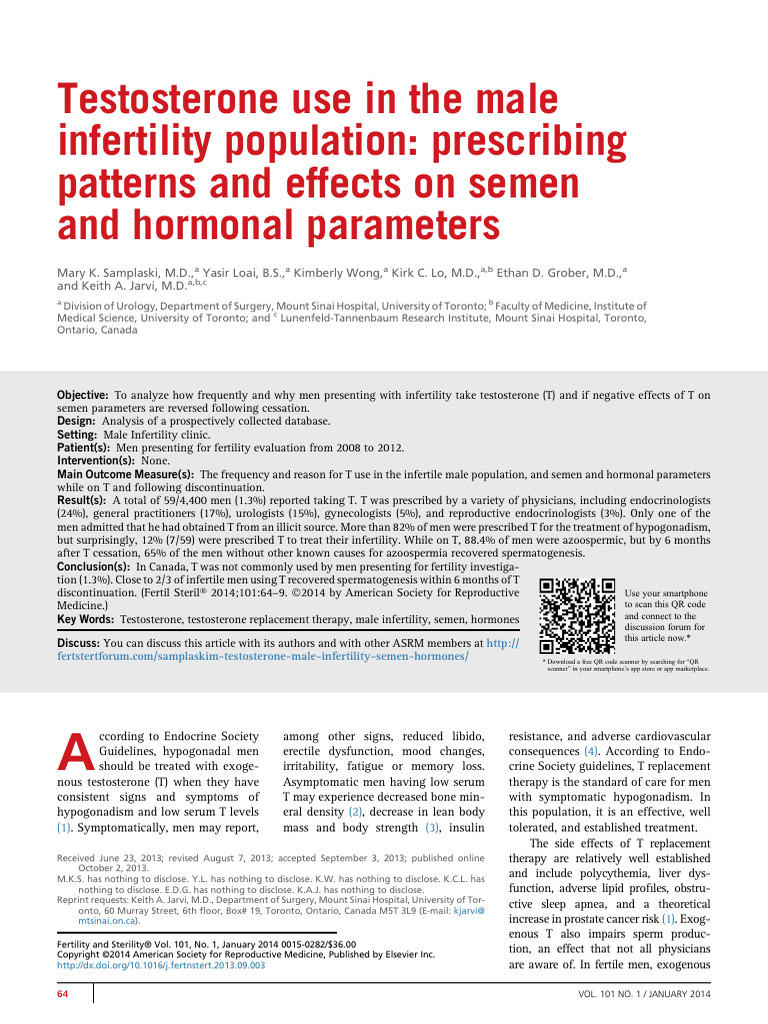 Testosterone Use in The Male Infertility Population Prescr 2014 ...