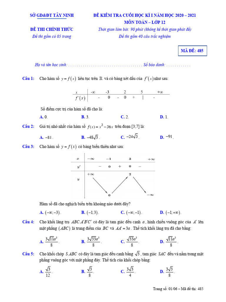 De Kiem Tra Cuoi Hoc Ky 1 Toan 12 Nam 2020 2021 So GDDT Tay Ninh | PDF