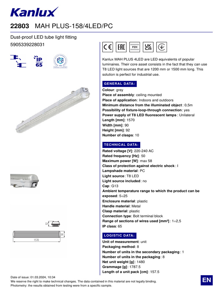 MAH PLUS-158/4LED/PC: 5905339228031 Dust-Proof LED Tube Light Fitting | PDF