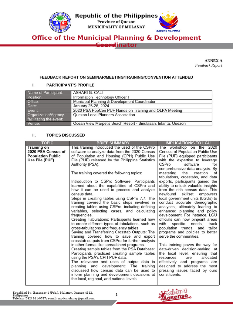 Feedback Report Form QLPA Meeting | PDF | Census