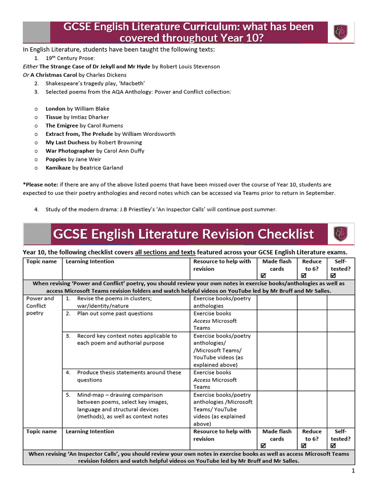 Year 10 English Literature Revision Guide | PDF | Poetry | English ...
