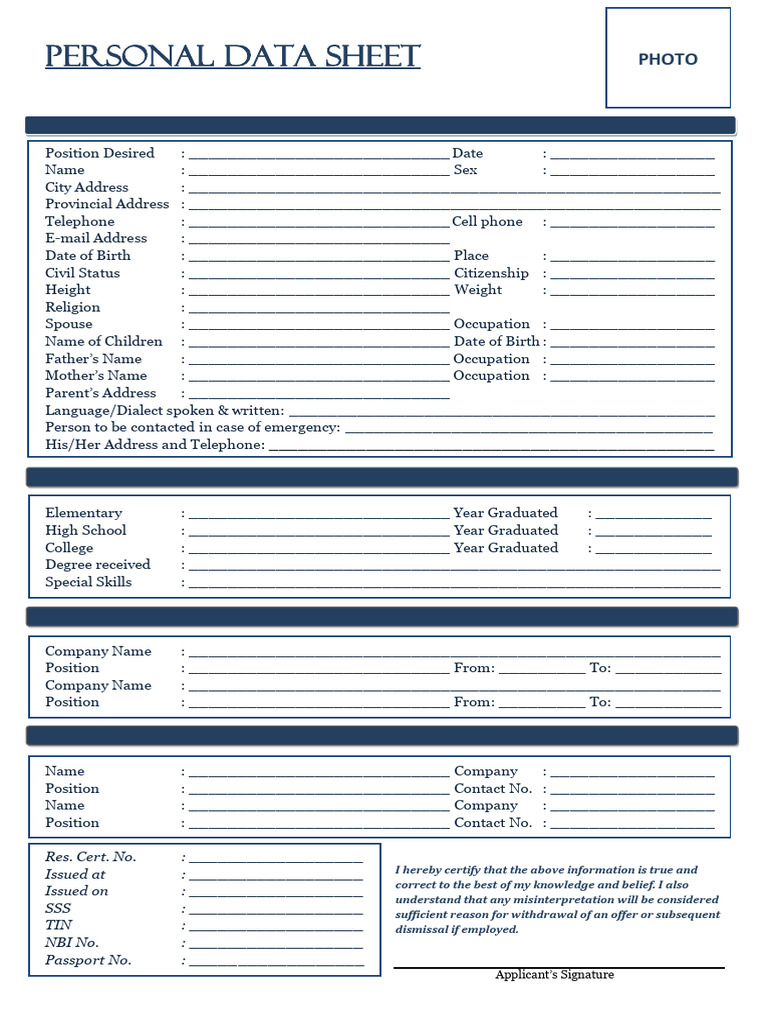 Personal Data Sheet | PDF