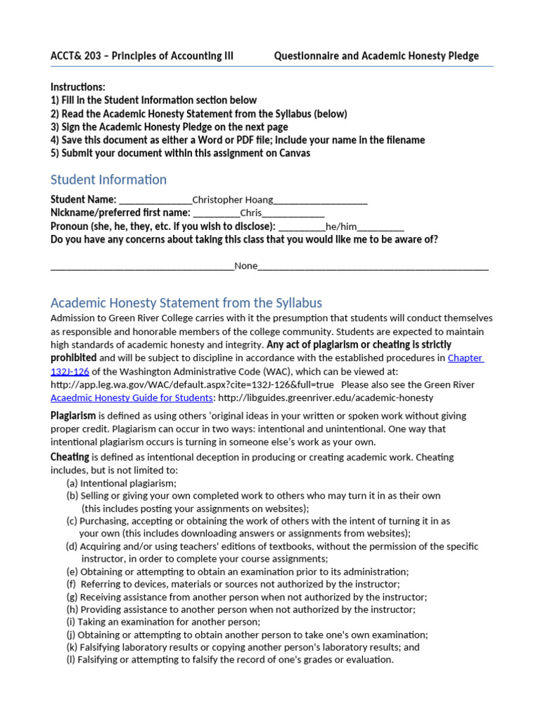ACCT& 203 Quest and Academic Honesty Pledge | PDF