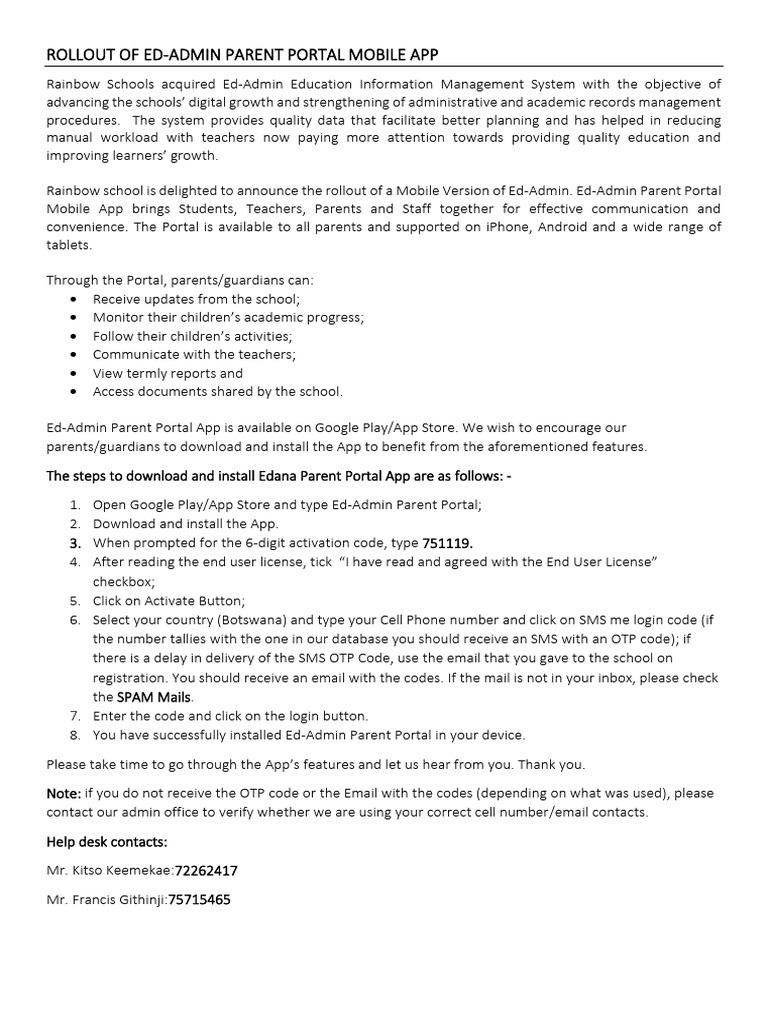 Ed-Admin Parent Portal Mobile App Letter to the parents | PDF
