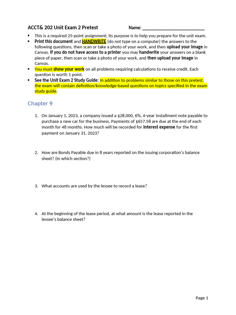ACCT& 202 Unit Exam 2 Pretest 5e JF UD SU23 | PDF