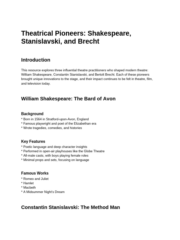 Year 9 - Theatrical Pioneers - Shakespeare, Stanislavski, and Brecht | PDF