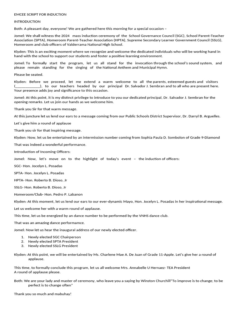Emcee Script For Induction | PDF