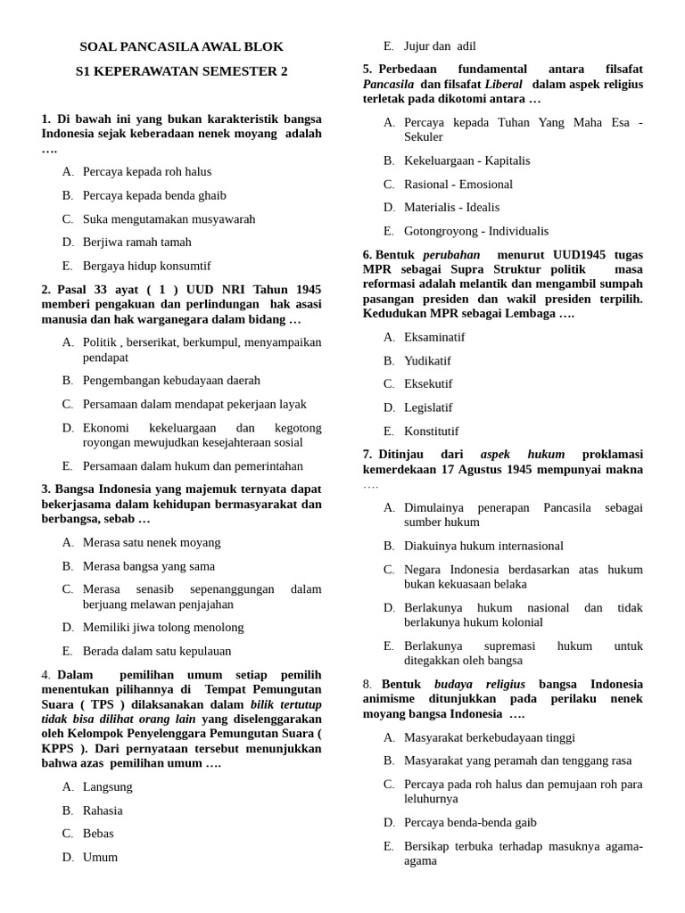 Soal Pancasila Awal Blok 2024 | PDF