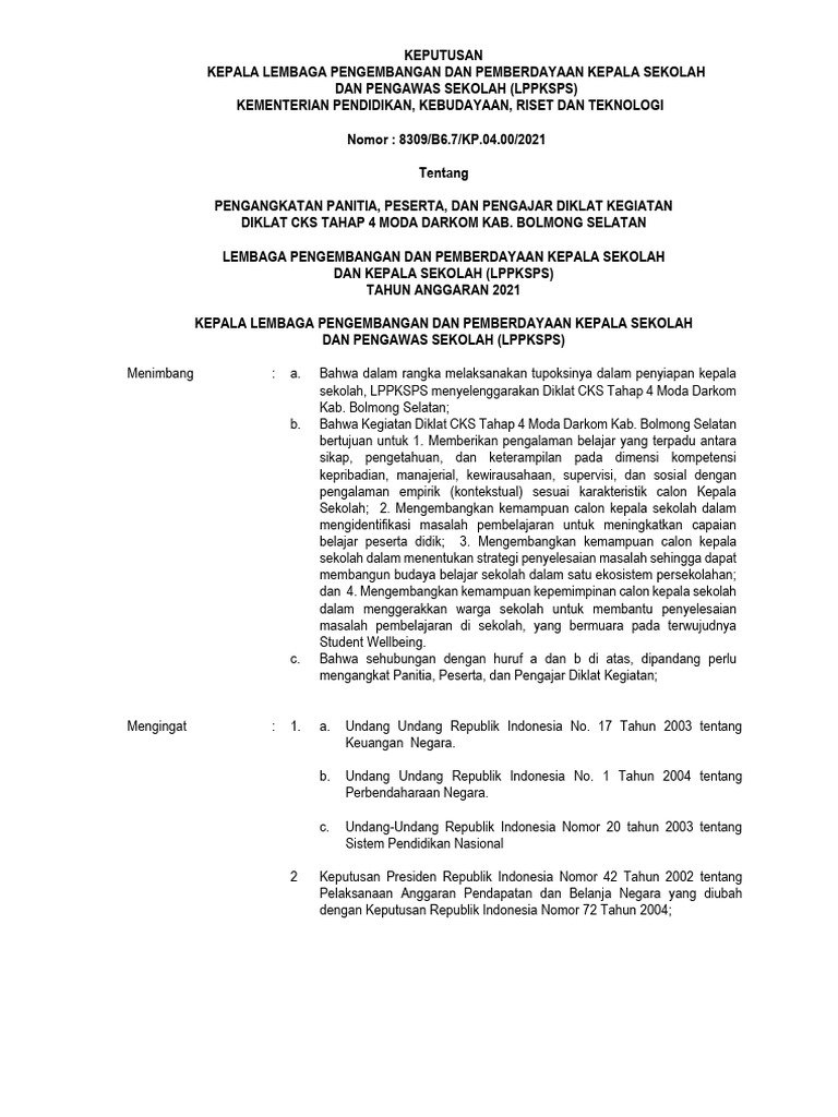 SK 8309 Pra Kegiatan Diklat CKS Tahap 4 Moda Darkom Kab. Bolmong Selatan | PDF