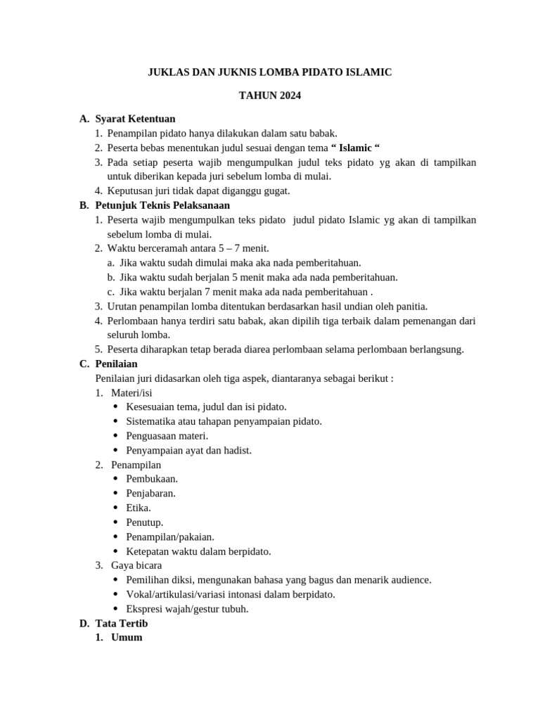 Juklas Dan Juknis Lomba Pidato Islamic | PDF