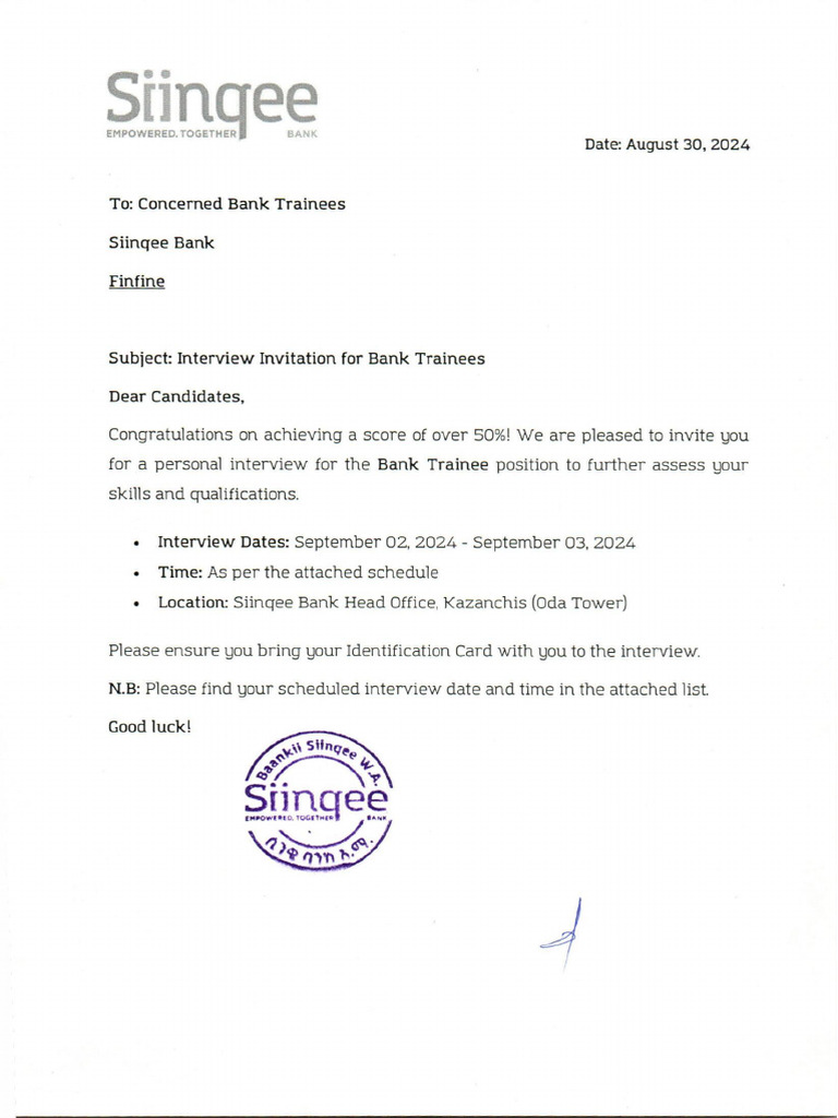 Interview Invitation For Bank Trainee | PDF