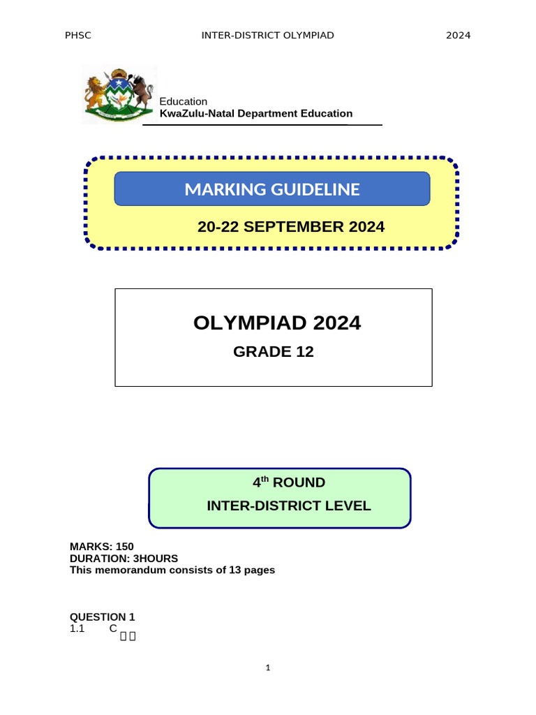 2024 Physical Sciences Marking Guideline Inter-District Olympiad | PDF
