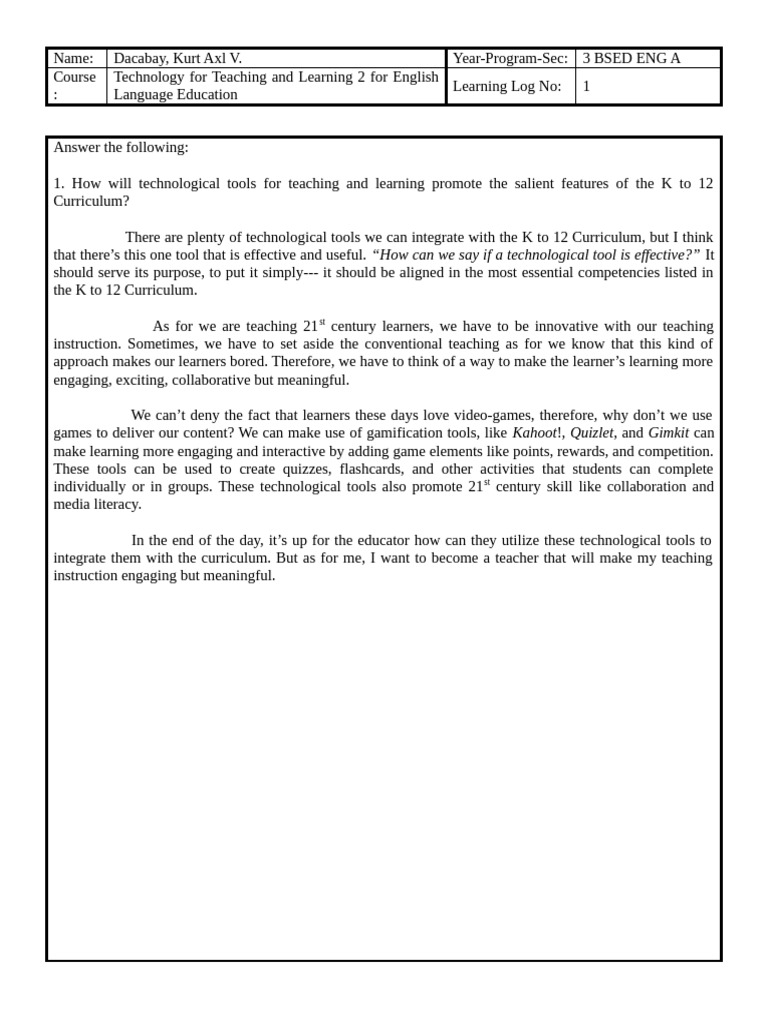 Learning Log 1 TFTL 2 | PDF