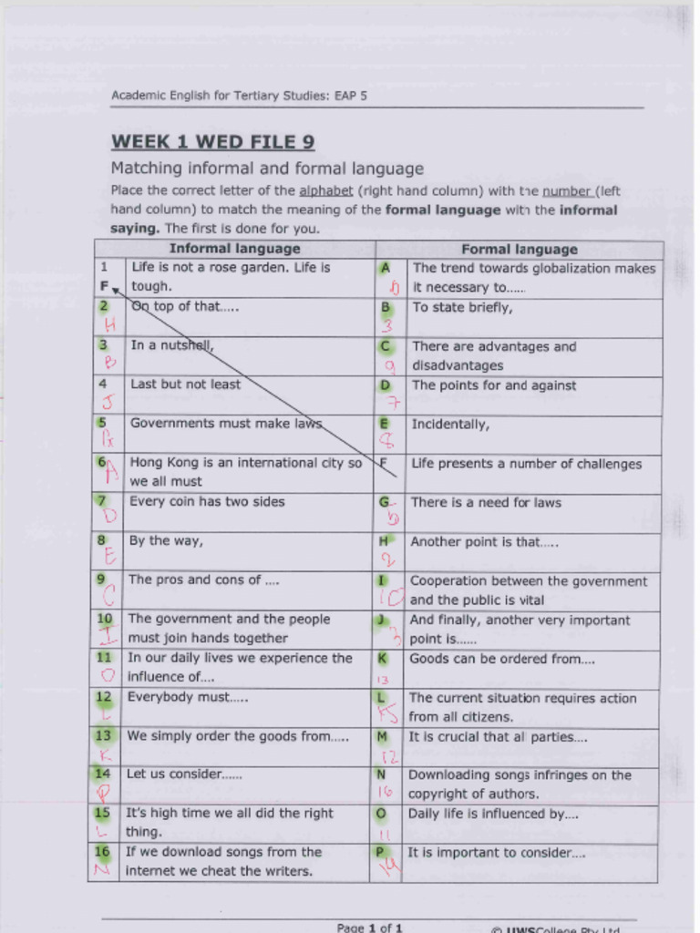 EAP5 Week 1 Wed F9 Matching Informal and Formal Language - No Answers | PDF