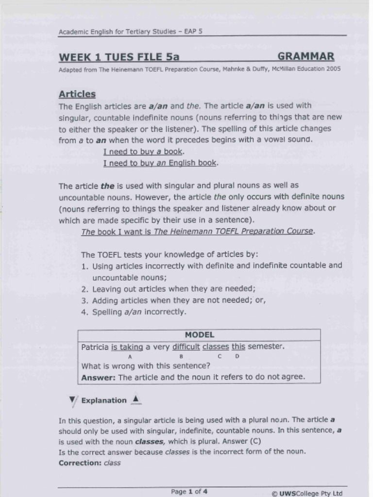 EAP5 Week 1 Tue F5a Grammar Articles - No Answer | PDF
