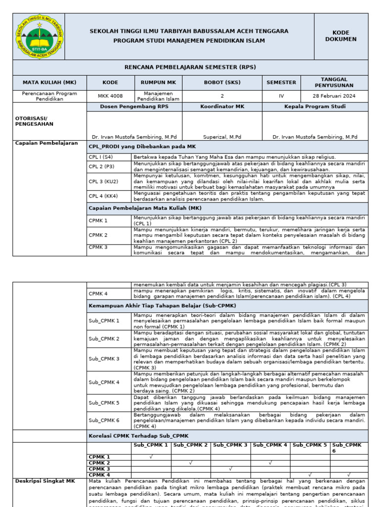 RPS Perencanaan Program Pendidikan | PDF