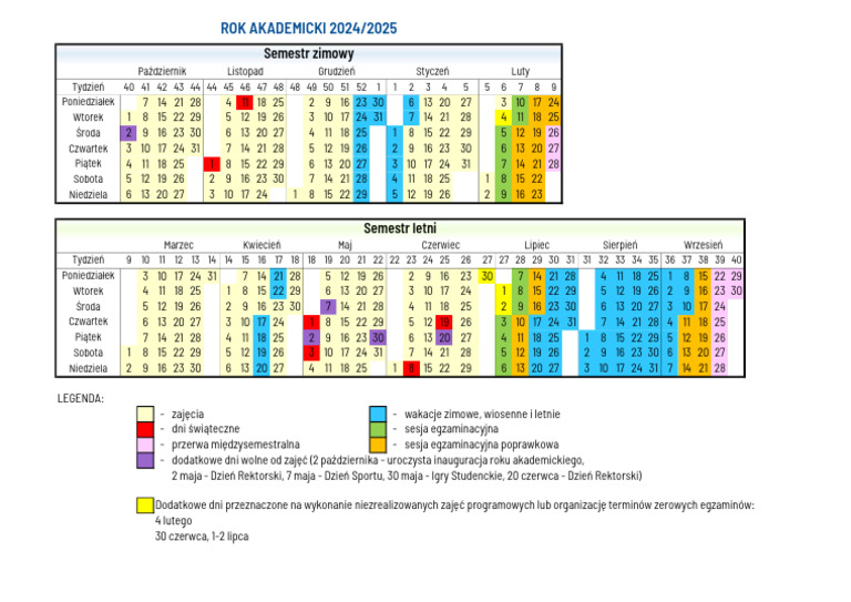 Kalendarz Organizacji Roku Akademickiego 2024 2025 | PDF