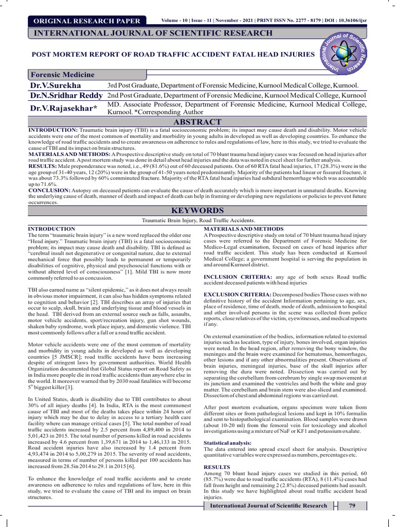 Post Mortem Report of Road Traffic Accident Fatal Head Injuries ...