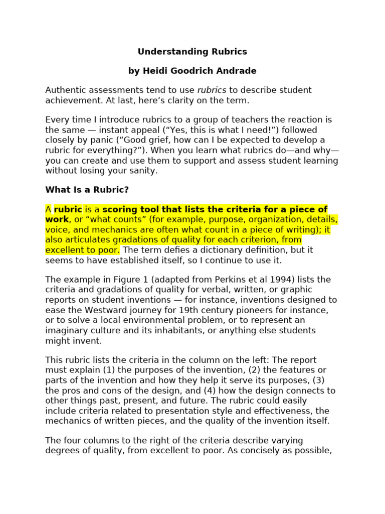 Understanding Rubrics Rubrics Assessment Rubric For Central Idea
