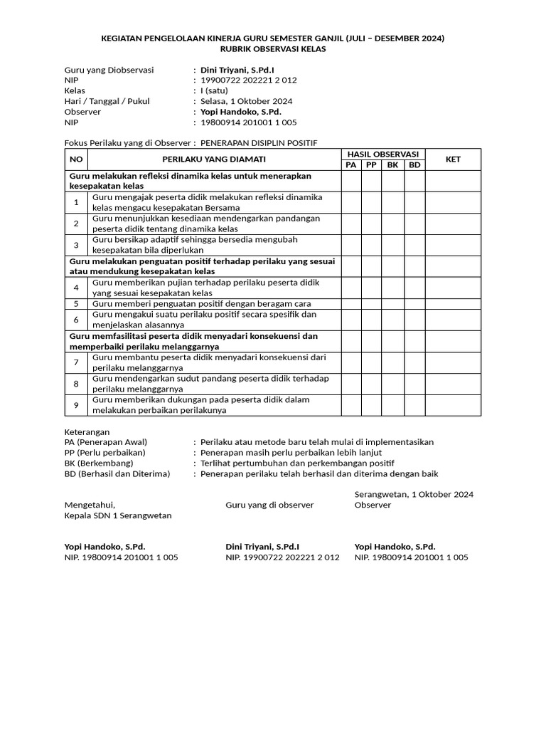Instrumen Observasi - Dini Triyani | PDF