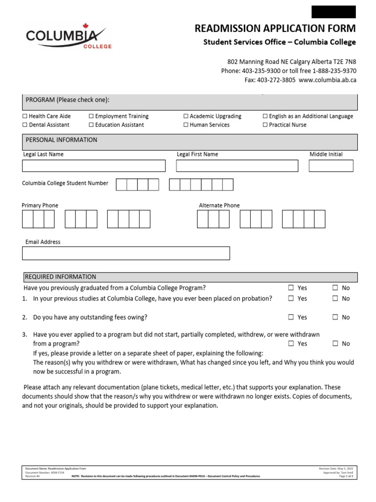 Readmission Application Form ADM-F154 Fillable | PDF