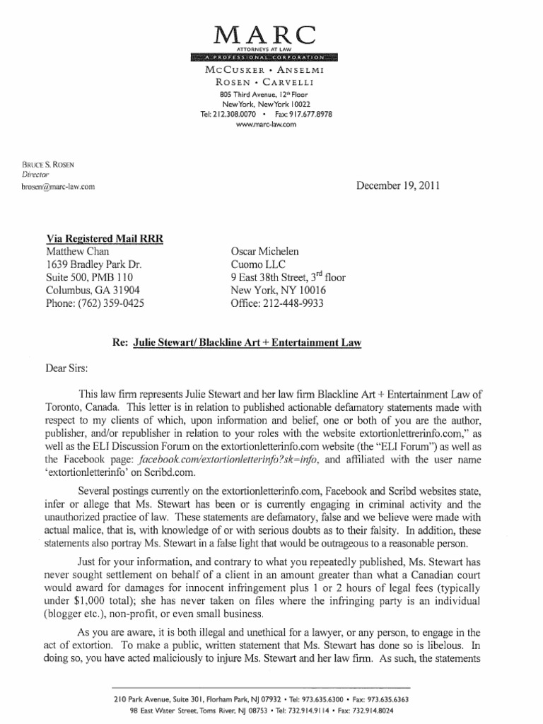 Attorney Bruce Rosen (Representing Julie Stewart of Blackline) Sends ...