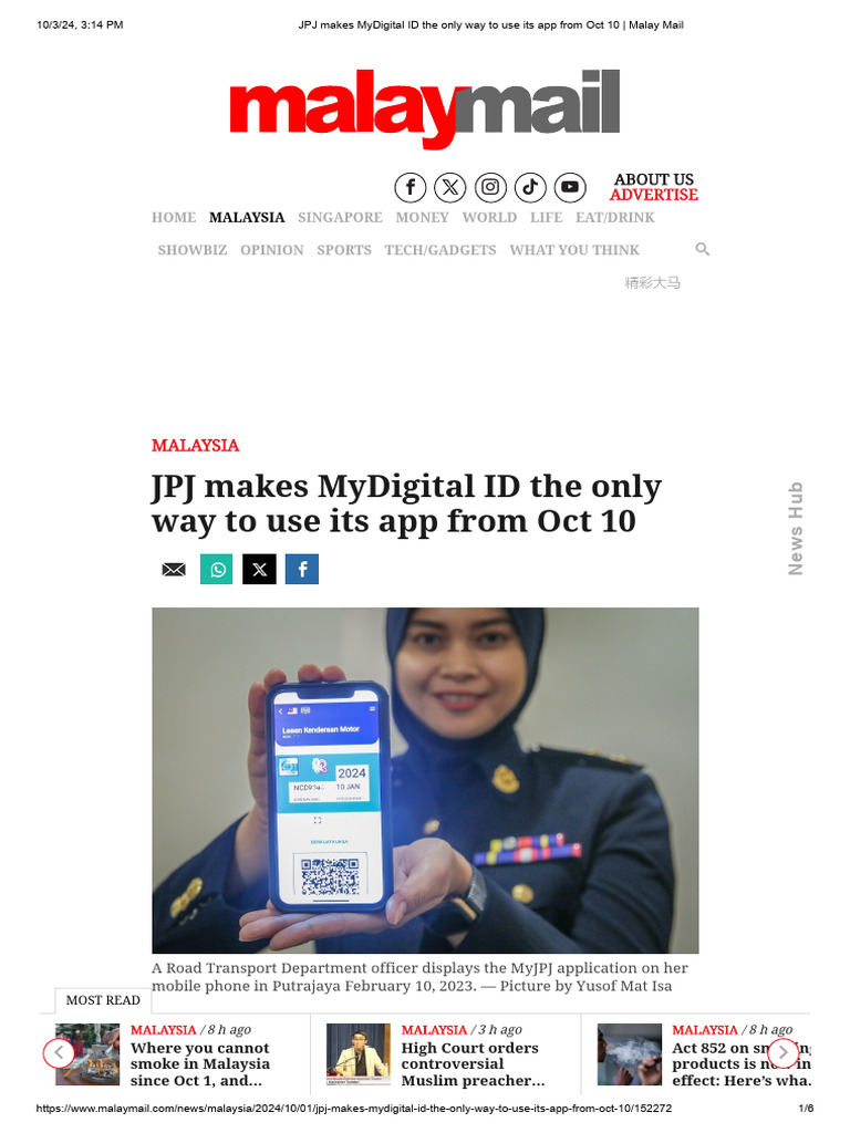 JPJ Makes MyDigital ID The Only Way To Use Its App From Oct 10 - Malay ...