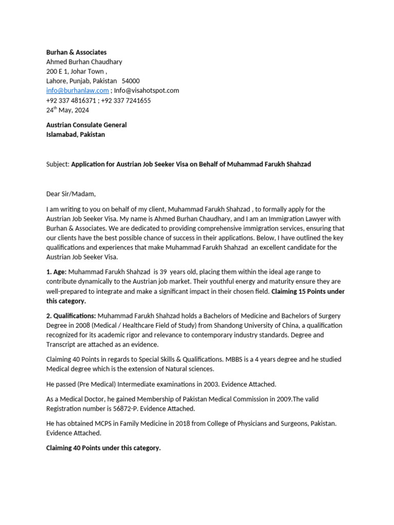 DR Farrukh Austria Cover Letter Burhan & Associates | PDF