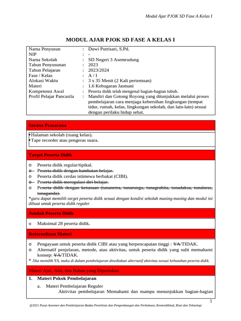 Modul Ajar PJOK 07 SD Fase A Kelas 1 Pola Perilaku Hidup Sehat | PDF